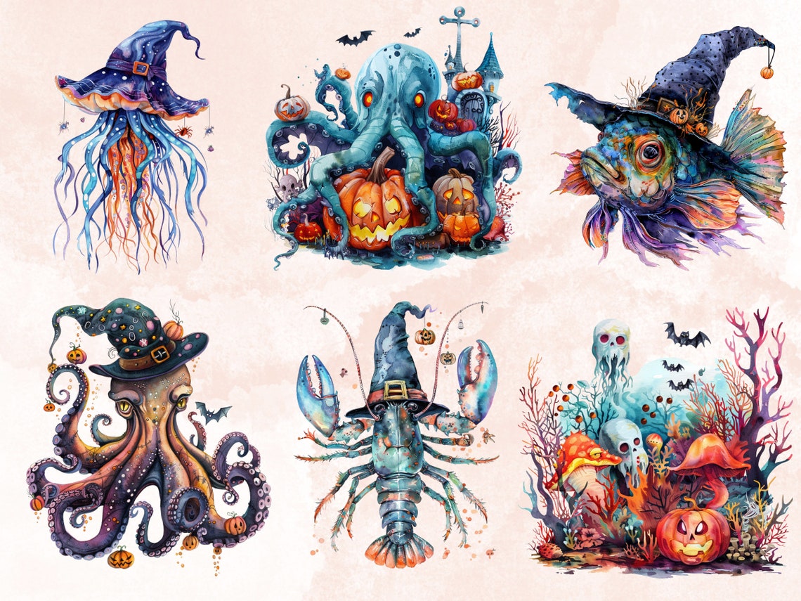 40 PNG Watercolor Underwater Halloween Clipart, Fantasy Halloween ...