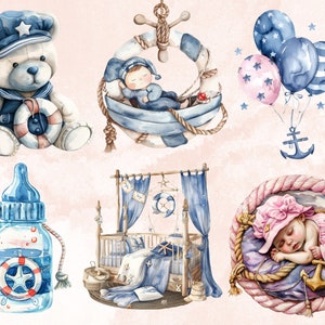 80 PNG Watercolor Nautical Nursery Clipart, Little Sailor Baby Shower ...