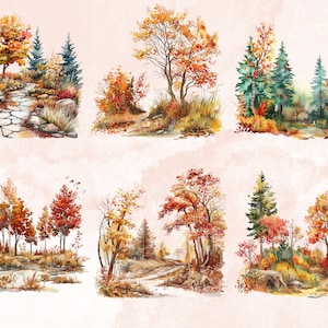 30 PNG Watercolor Autumn Landscape Clipart, Fall Forest Scenes ...
