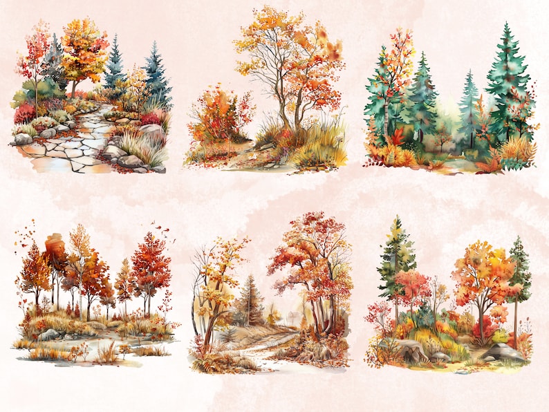 30 PNG Watercolor Autumn Landscape Clipart, Fall Forest Scenes ...