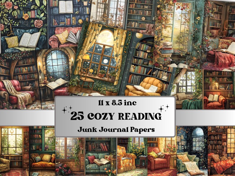 Cozy Reading Corner Junk Journal Kit, Comfy Reading Scenes Pages ...