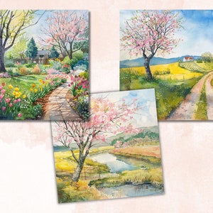 Printable Watercolor Spring Landscapes Digital Paper, Spring Woodland ...