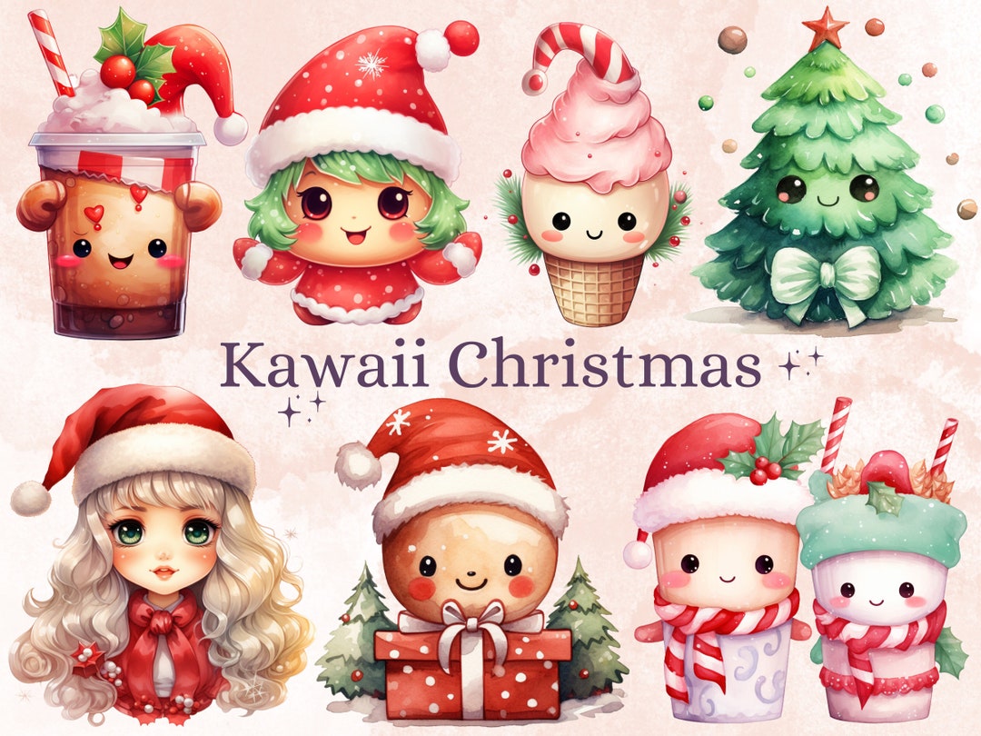 45 PNG Watercolour Kawaii Christmas Bundle Clipart, Cute Christmas ...