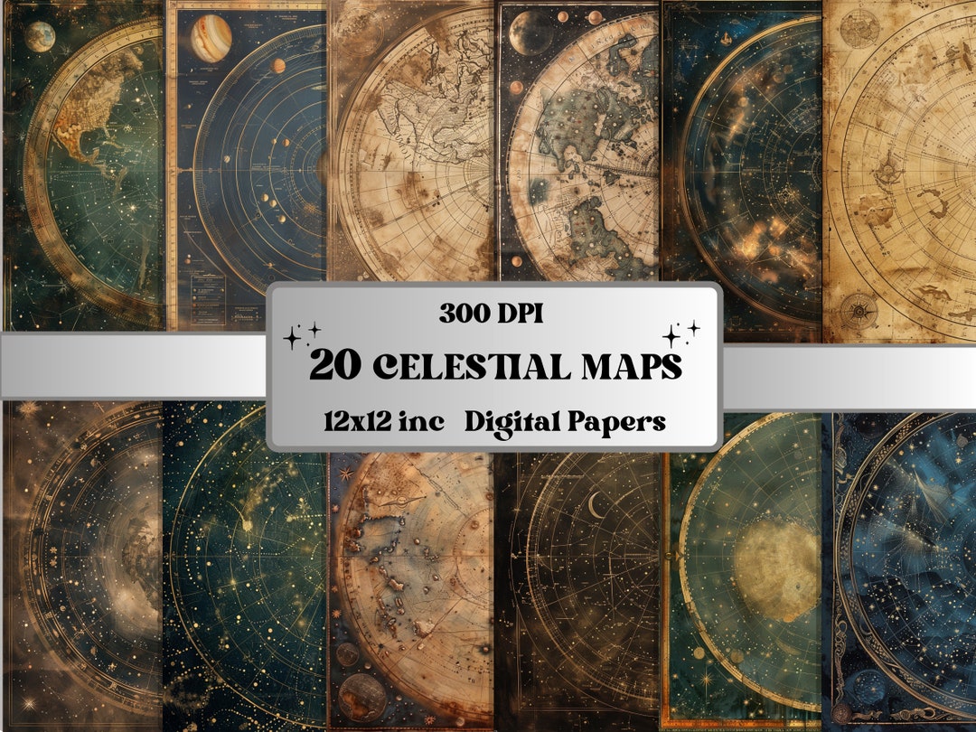 Celestial Old Maps Textures Digital Paper, Zodiac Map Junk Journal ...