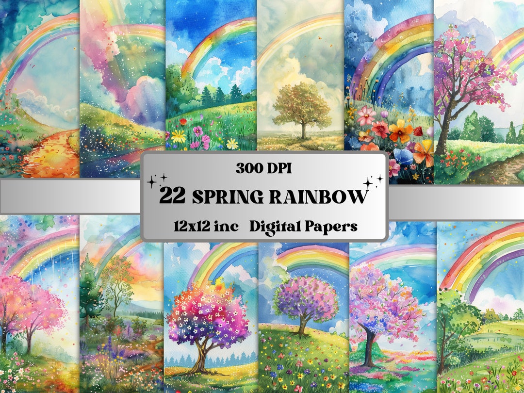 Watercolor Spring Rainbow Scenes Digital Paper, Printable Spring ...