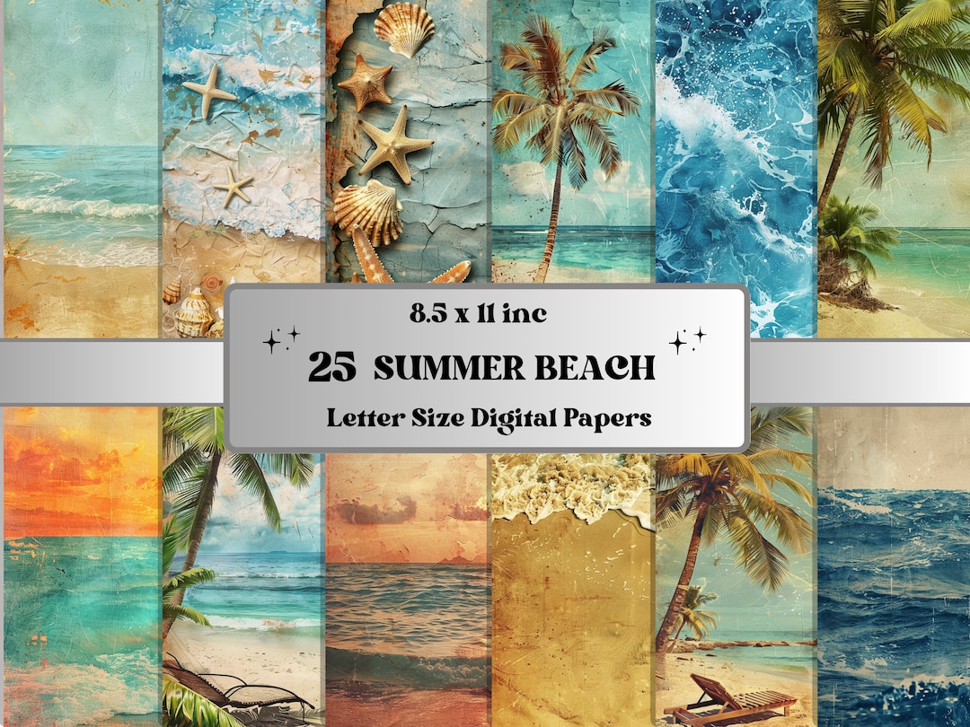 Printable Summer Beach Digital Paper, Coastal Collage, Sea Nautical ...