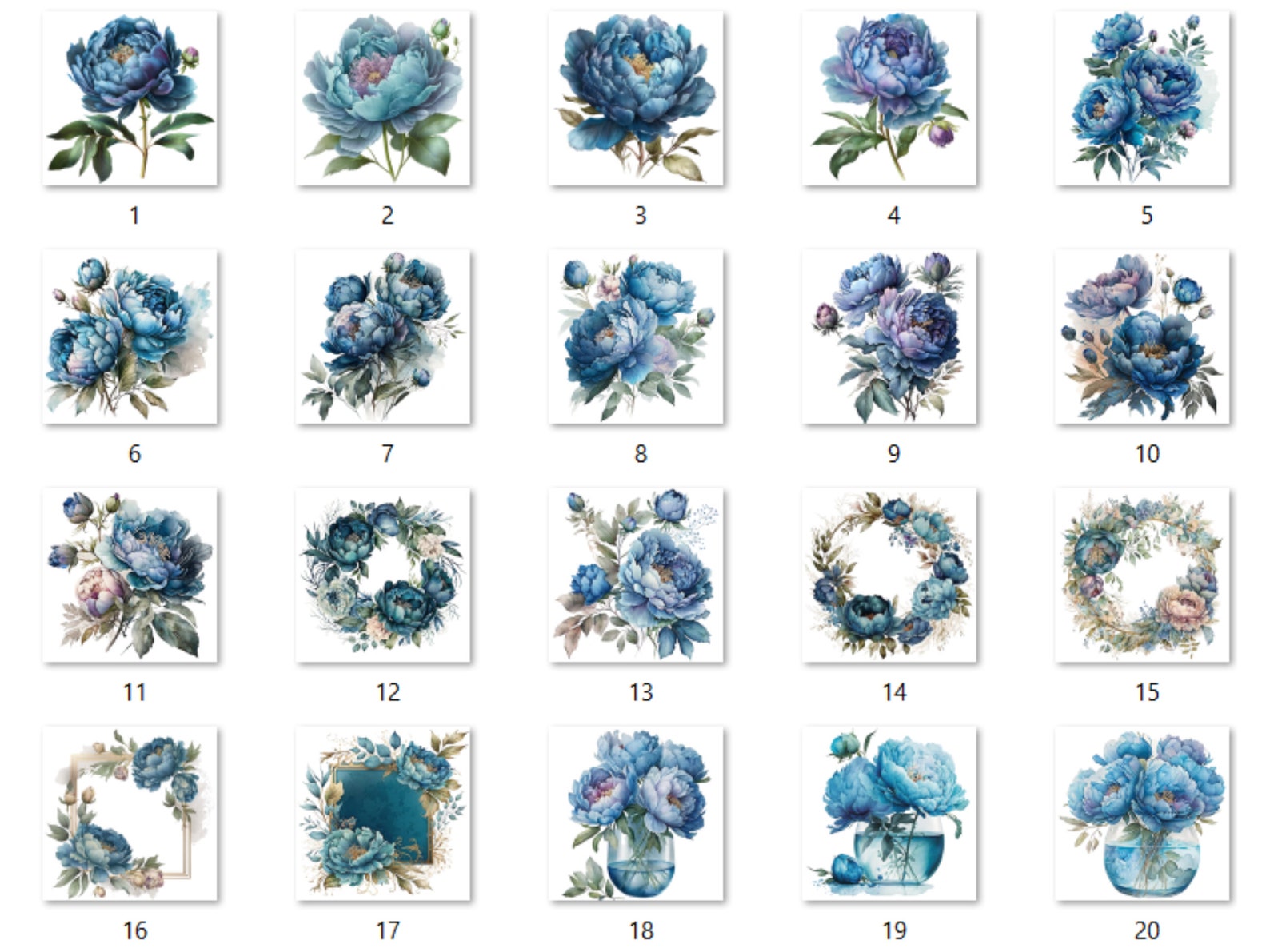 20 PNG Watercolor Blue Peonies Clipart, Blue & Navy Peony Clip Art ...