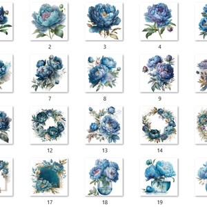 20 PNG Watercolor Blue Peonies Clipart, Blue & Navy Peony Clip Art ...