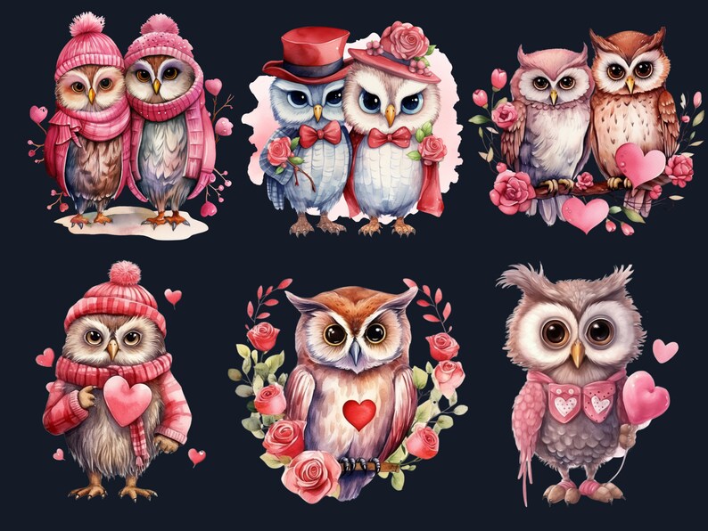 40 PNG Watercolor Valentine's Day Owls Clipart, Lovely Valentines Day ...