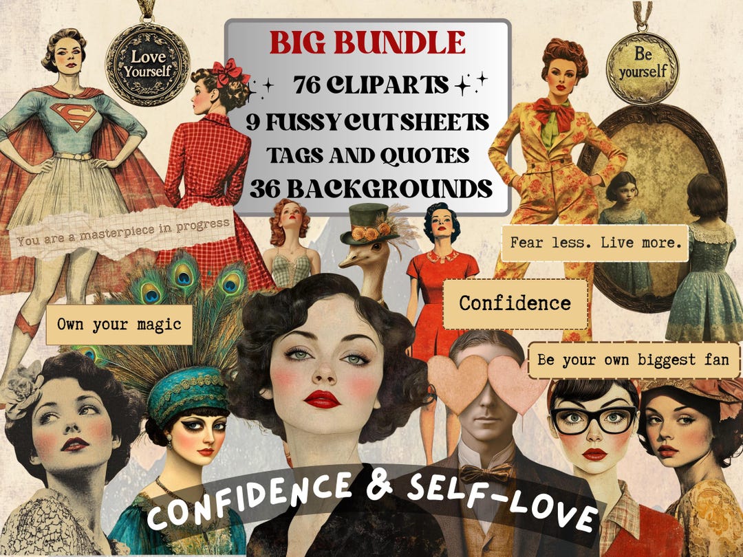 Confidence & Self-love Collage Elements, Whimsical Ephemera Fussy Cut ...