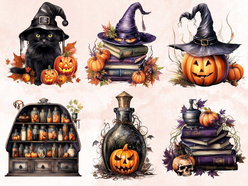 45 PNG Watercolour Halloween Witch Clipart, Pumpkin Witch Sisters ...