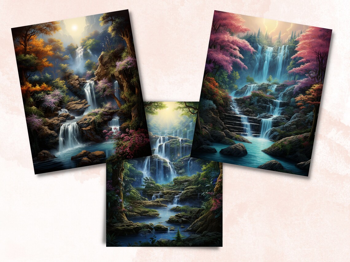 Printable Fantasy Waterfall Digital Paper, Mountain River Background ...