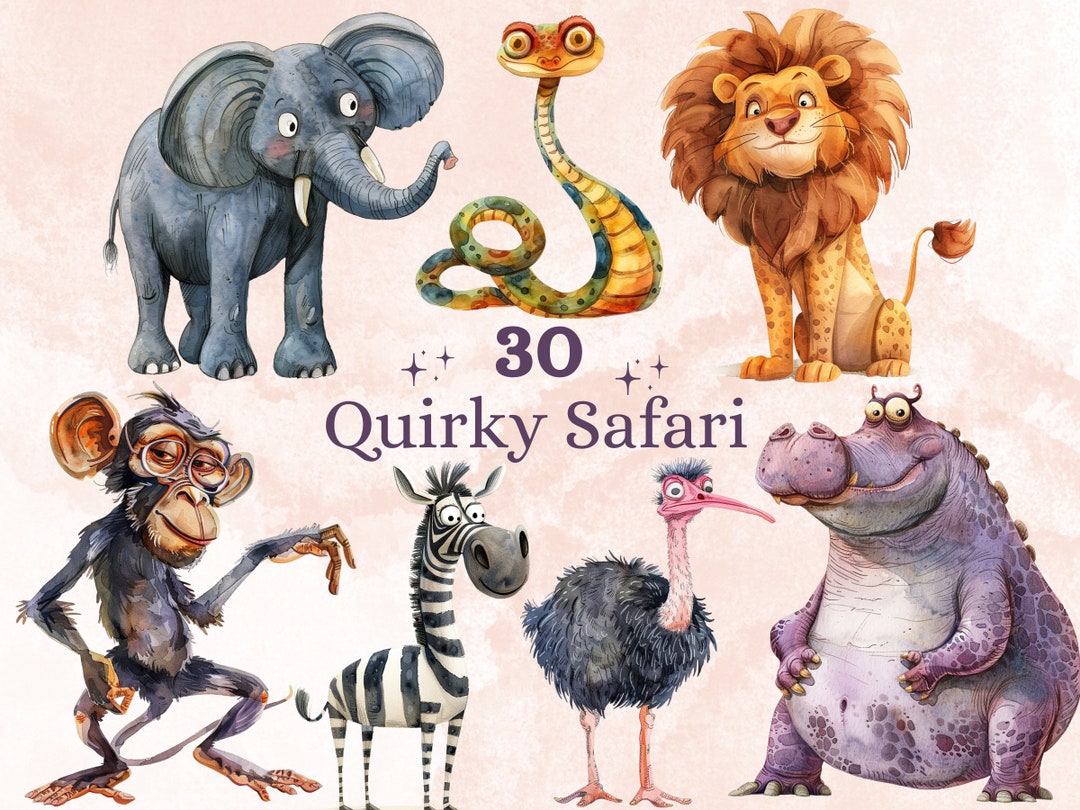 30 PNG Watercolor Quirky Safari Animals Clipart, Whimsical Jungle ...