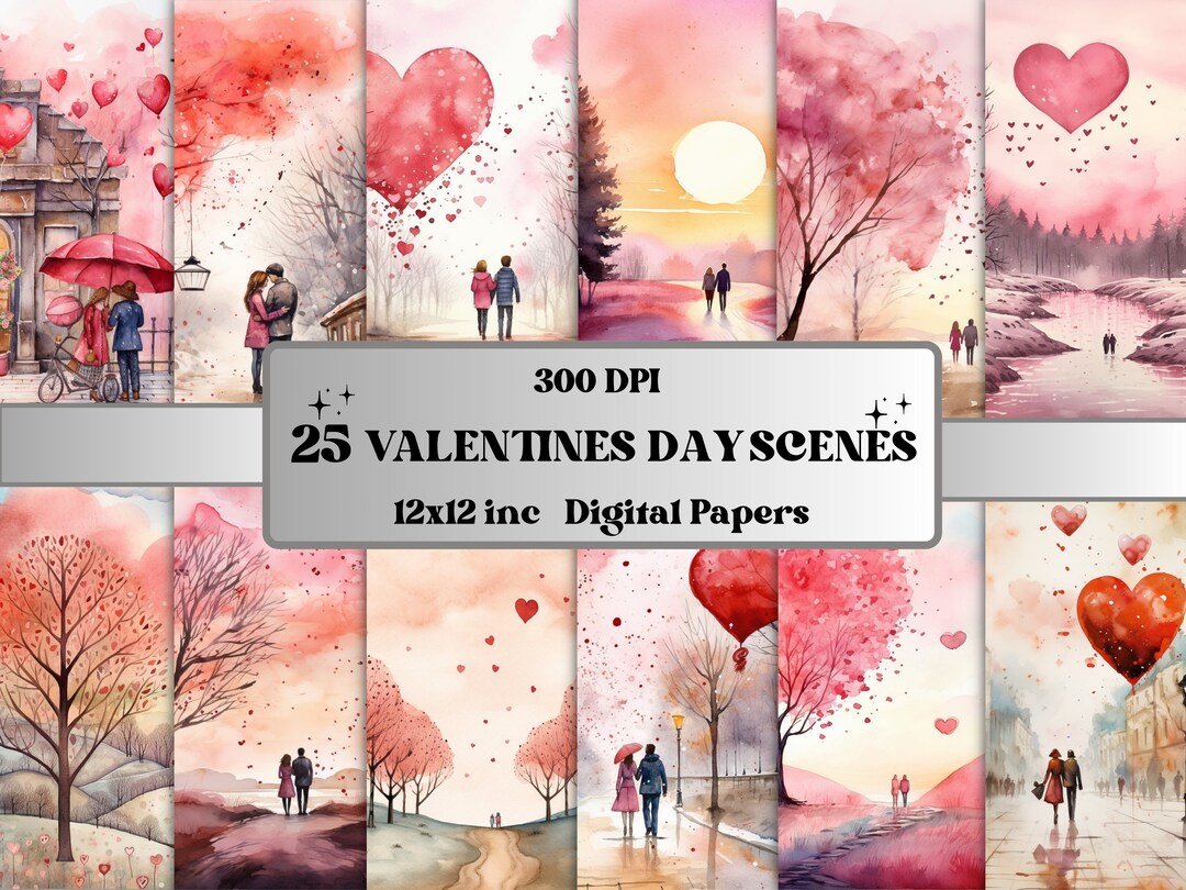 Printable Watercolor Valentine's Day Scenes Digital Paper, Romantic ...