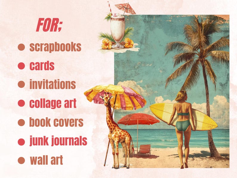 Whimsy Beach Day Collage Elements, Whimsical Beach Woman Fussy Cut ...