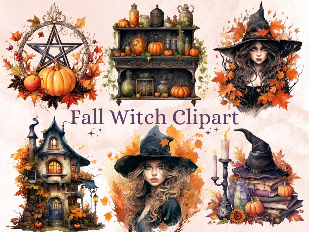 40 PNG Watercolor Fall Witch Clipart, Gothic Autumn Illustrations Clip ...