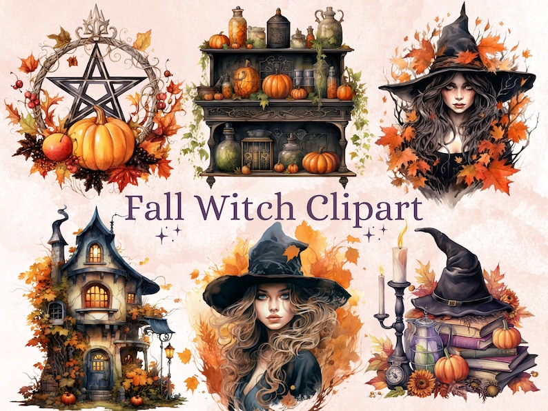 40 PNG Watercolor Fall Witch Clipart, Gothic Autumn Illustrations Clip ...