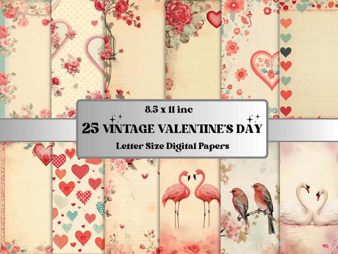 Printable Vintage Valentine's Day Digital Paper, Romantic Valentine ...