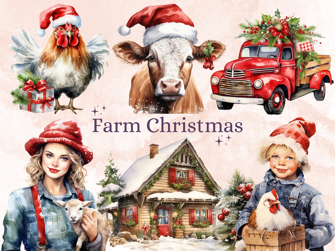 45 PNG Watercolour Farm Christmas Clipart, Christmas Cottage Farm Life ...