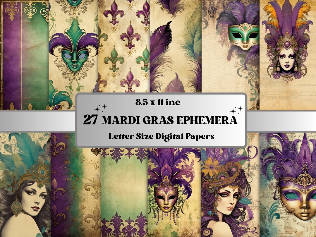 Printable Mardi Gras Digital Paper, Mardi Gras Shrove Ephemera, Fat ...