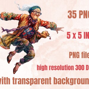 35 PNG Watercolor Quirky Crazy Grandma Clipart, Whimsical Hippie Old ...