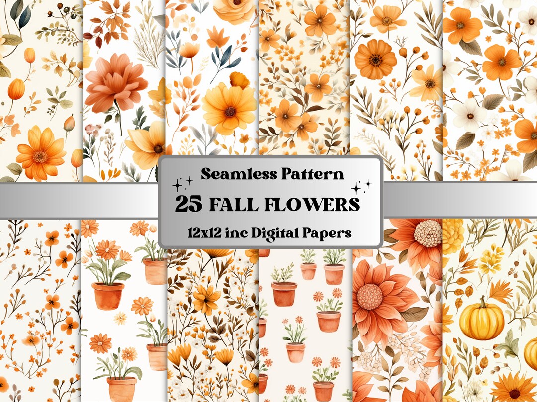 Seamless Watercolor Fall Flowers Digital Paper Pack, Autumn Leaves ...