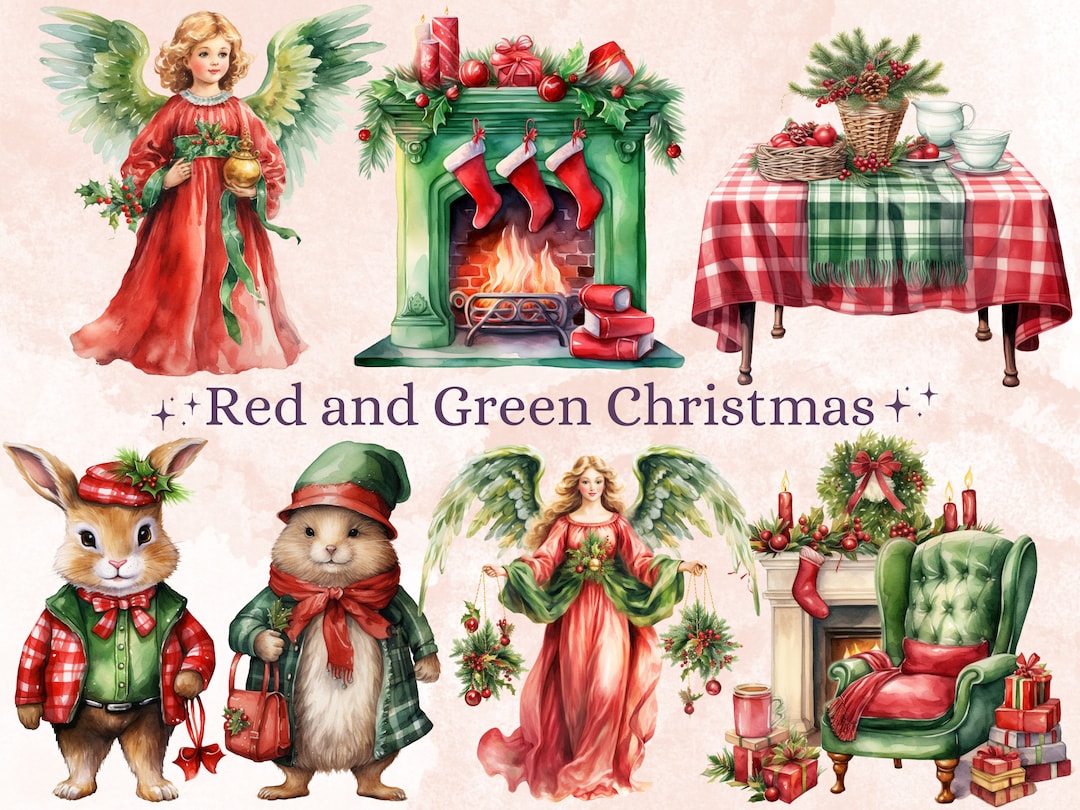 45 PNG Watercolour Red Green Christmas Clipart, Classic Christmas ...