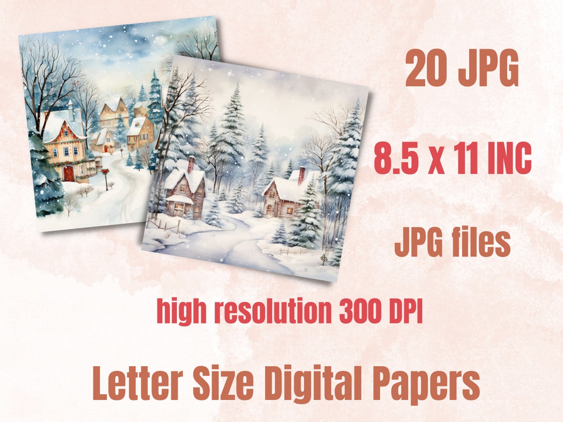 Printable Watercolor Christmas Landscape Digital Paper, Christmas ...