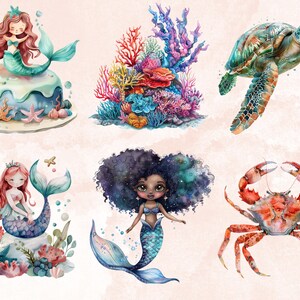 80 PNG Watercolor Mermaid Nursery Clipart, Little Mermaid Baby Shower ...