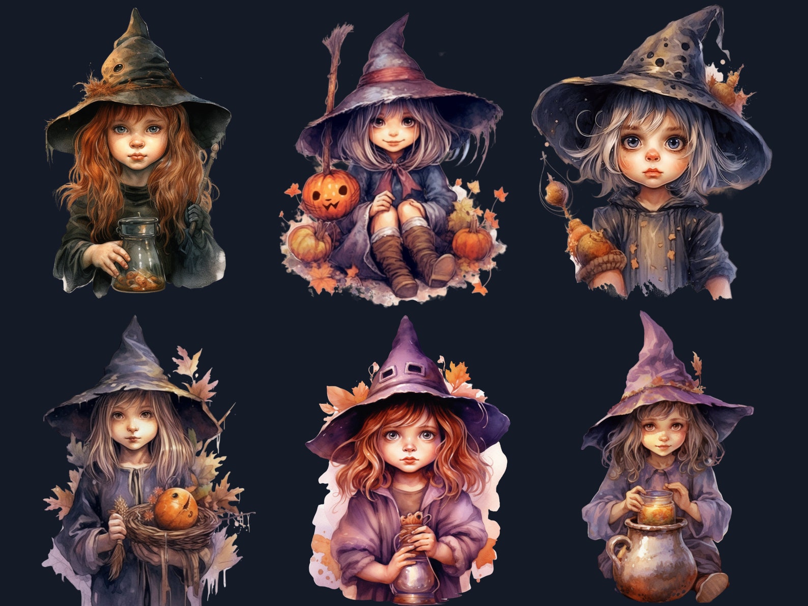 25 PNG Watercolor Cute Little Witches Clipart, Witchcraft Clip Art ...