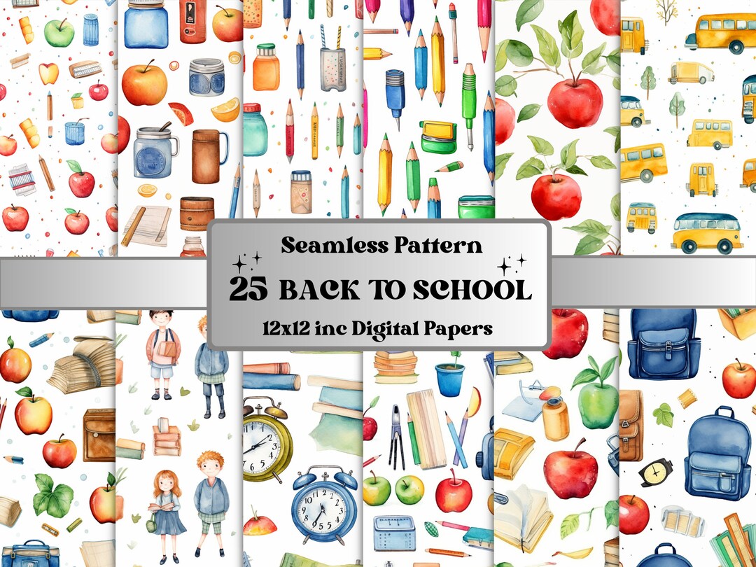 Seamless Watercolor Back to School Digital Paper Pack, Cute School ...