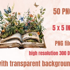 50 PNG Watercolor Spring Reading Clipart, Floral Spring Book ...