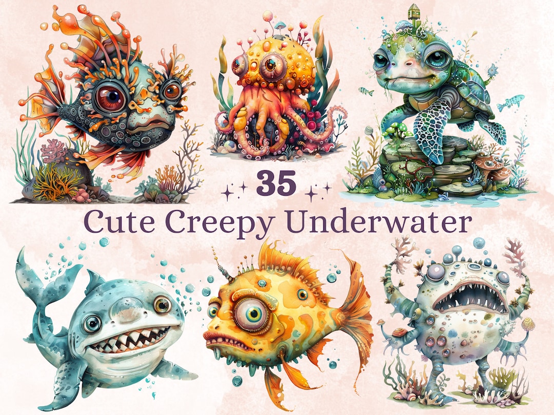 35 PNG Watercolor Cute Creepy Under the Sea Clipart, Fantasy Ocean Clip ...