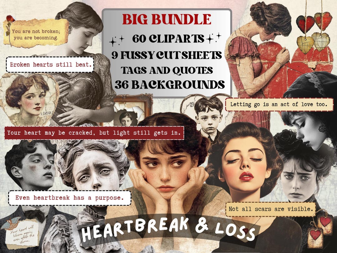 Heartbreak & Loss Collage Pack, Whimsical Ephemera Fussy Cut ...