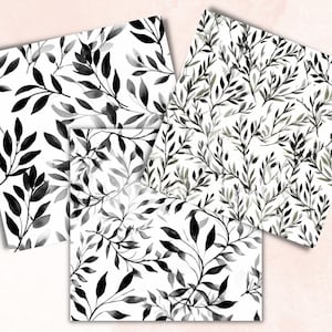 Seamless Watercolour Black and White Leaves Digital Paper, Minimalist ...