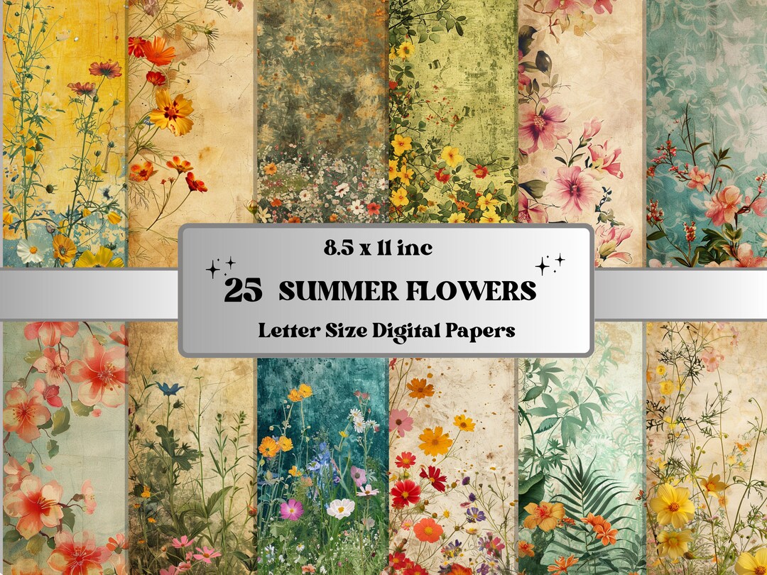 Printable Summer Flowers Digital Paper, Meadow Garden Collage ...