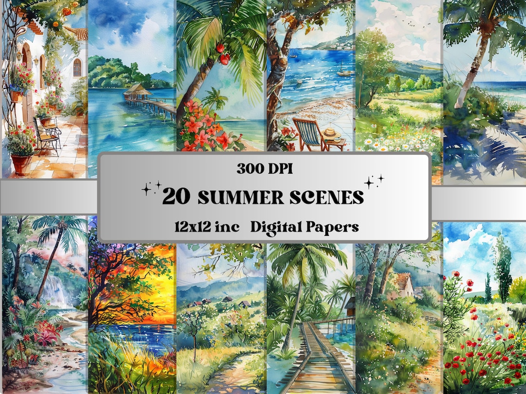 Watercolor Summer Scenes Digital Paper, Printable Tropical Summer Beach ...