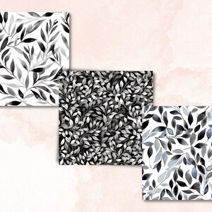 Seamless Watercolour Black and White Leaves Digital Paper, Minimalist ...