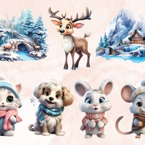 60 PNG Watercolor Cute Winter Clipart, Cozy Kawaii Winter Animal ...