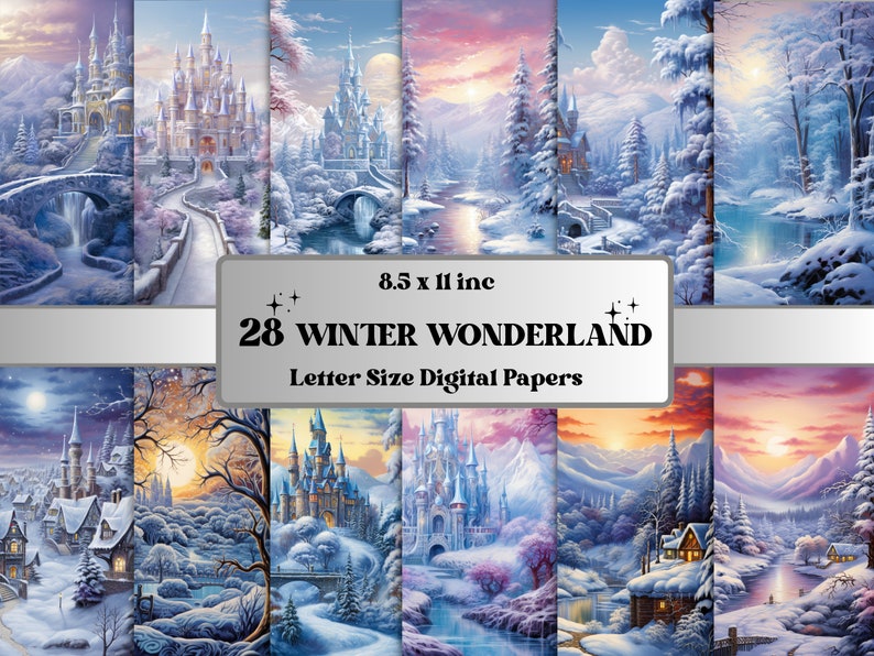 Printable Winter Wonderland Digital Paper, Snow Forest Background ...