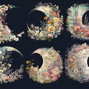 22 PNG Watercolor Floral Moons Clipart, Floral Crescent Moons With Flowers PNG Bundle, Moon Clip ...