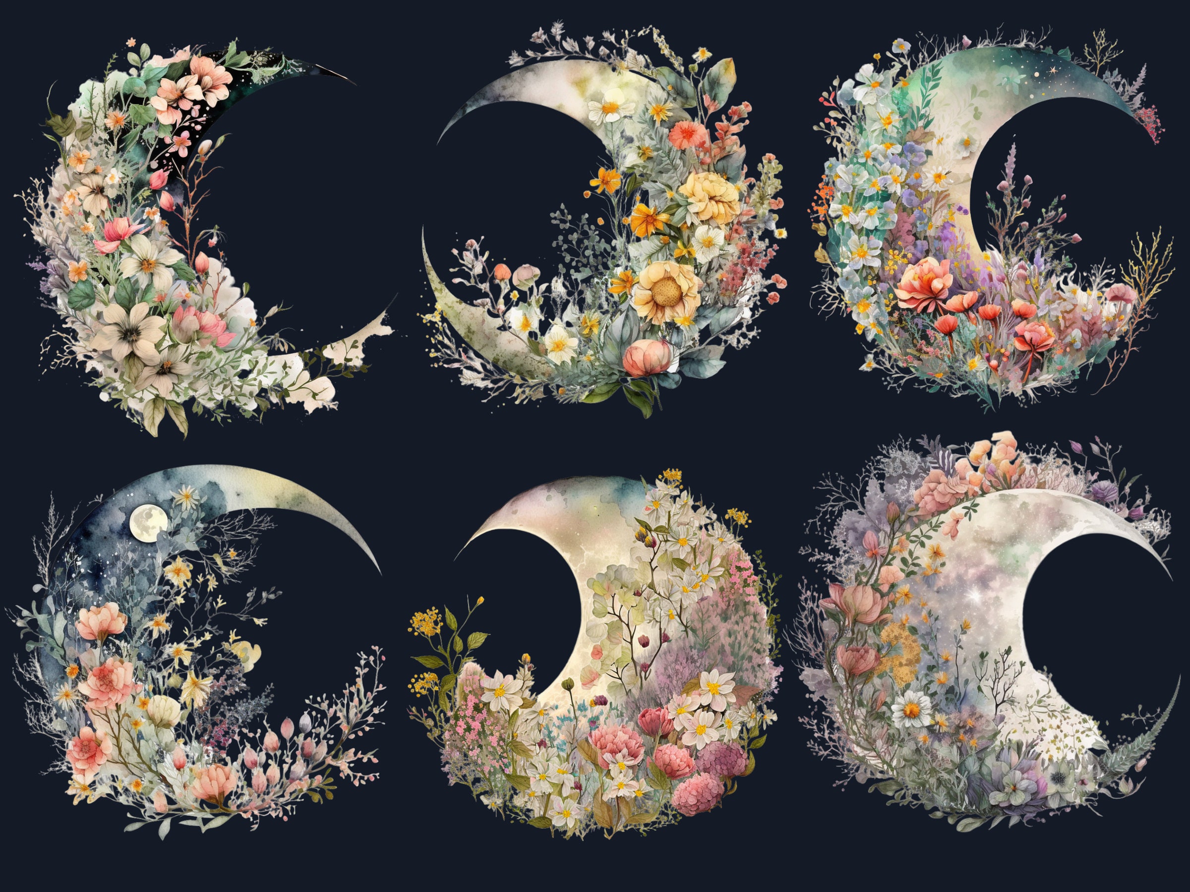 22 PNG Watercolor Floral Moons Clipart, Floral Crescent Moons With ...