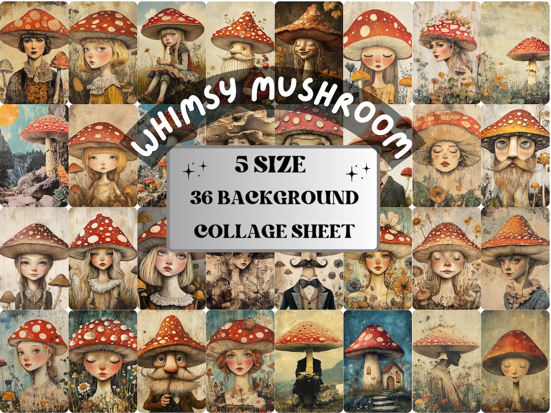 Whimsy Mushroom Collage Paper Kit, Surreal Background, Mixed Media ...