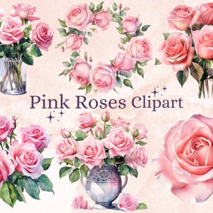 32 PNG Watercolor Pink Roses Clipart Bundle, Blush Rose PNG Clip Art ...