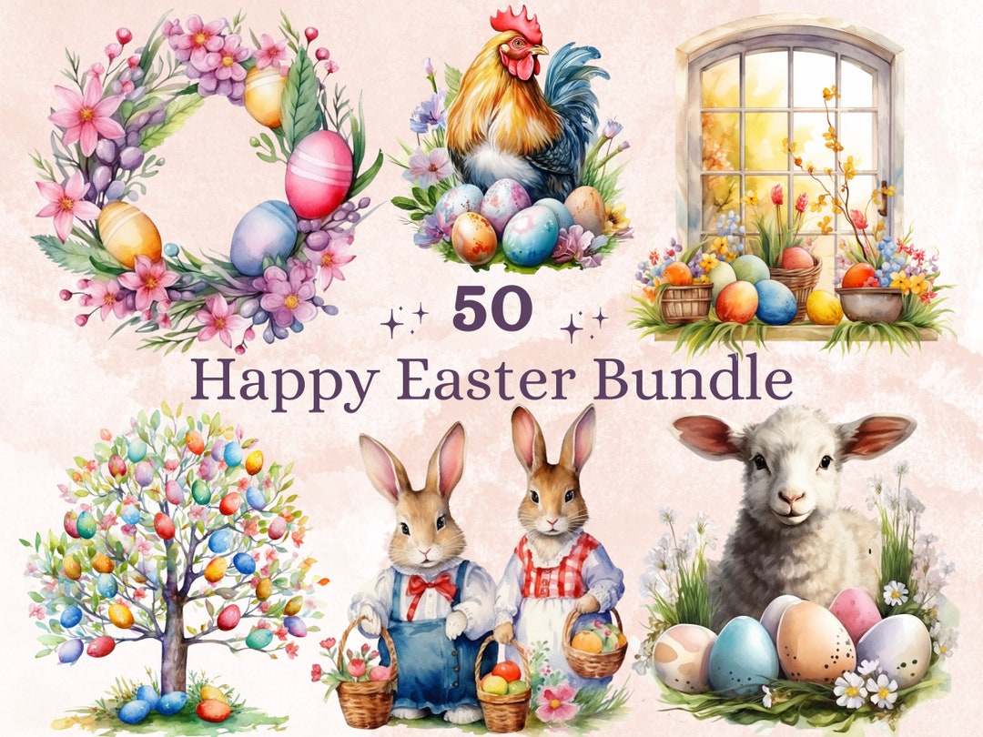 50 PNG Watercolor Happy Easter Bundle Clipart, Spring Easter Egg ...