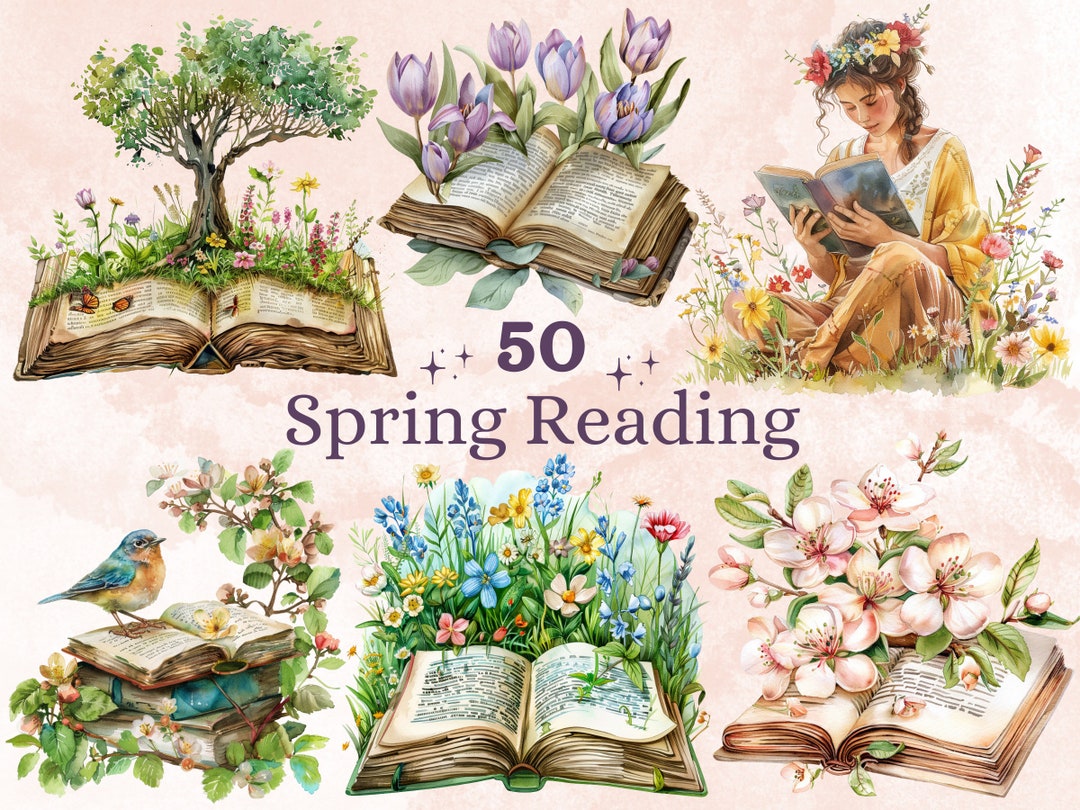 50 PNG Watercolor Spring Reading Clipart, Floral Spring Book ...