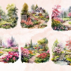 35 PNG Watercolor Spring Landscape Clipart, Floral Spring Scenes ...
