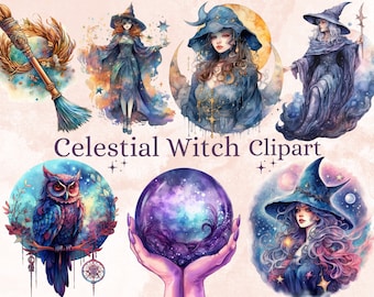 Watercolor Celestial Witch Clipart, Witch Clip Art PNG, Witch Bundle ...