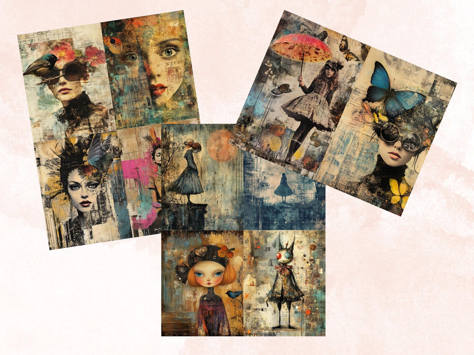 Whimsy Grunge Collage Paper Kit, Surreal Grunge Mixed Media Sheet ...
