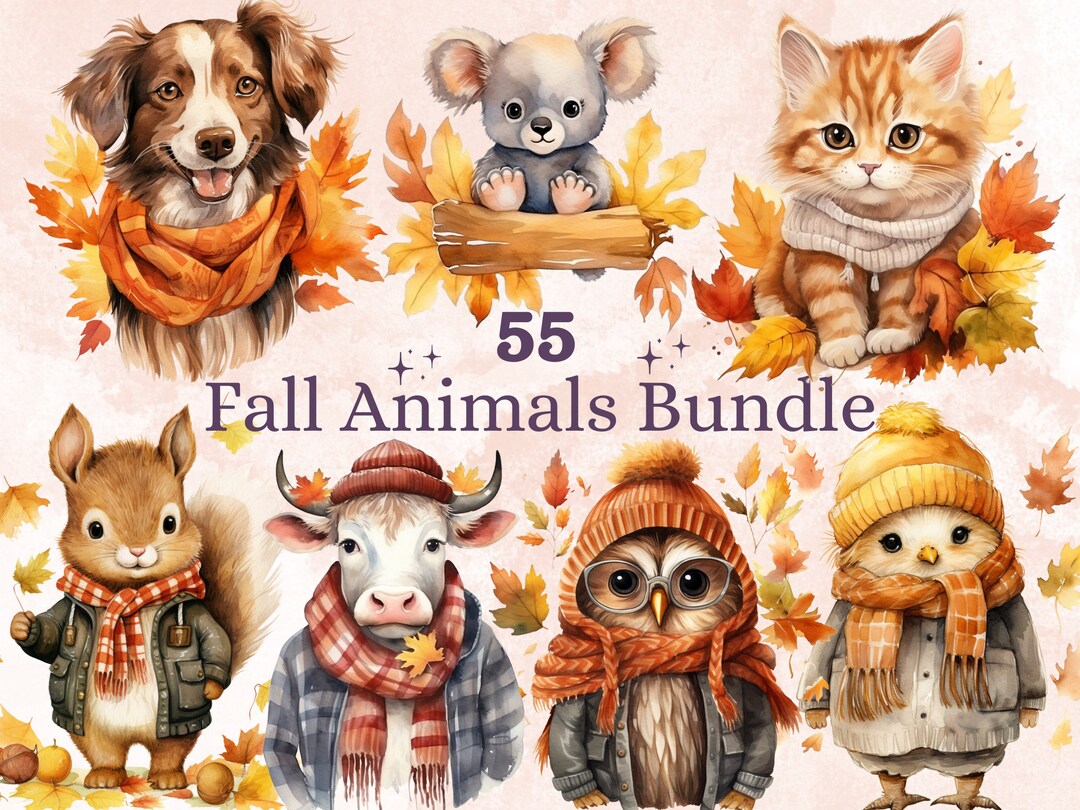 55 PNG Watercolor Fall Animals Bundle Clipart, Cute Autumn Animal ...